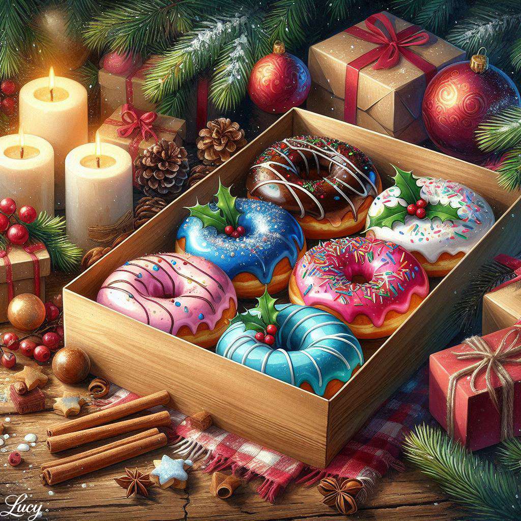 A wooden box of six colorful donuts - online puzzle