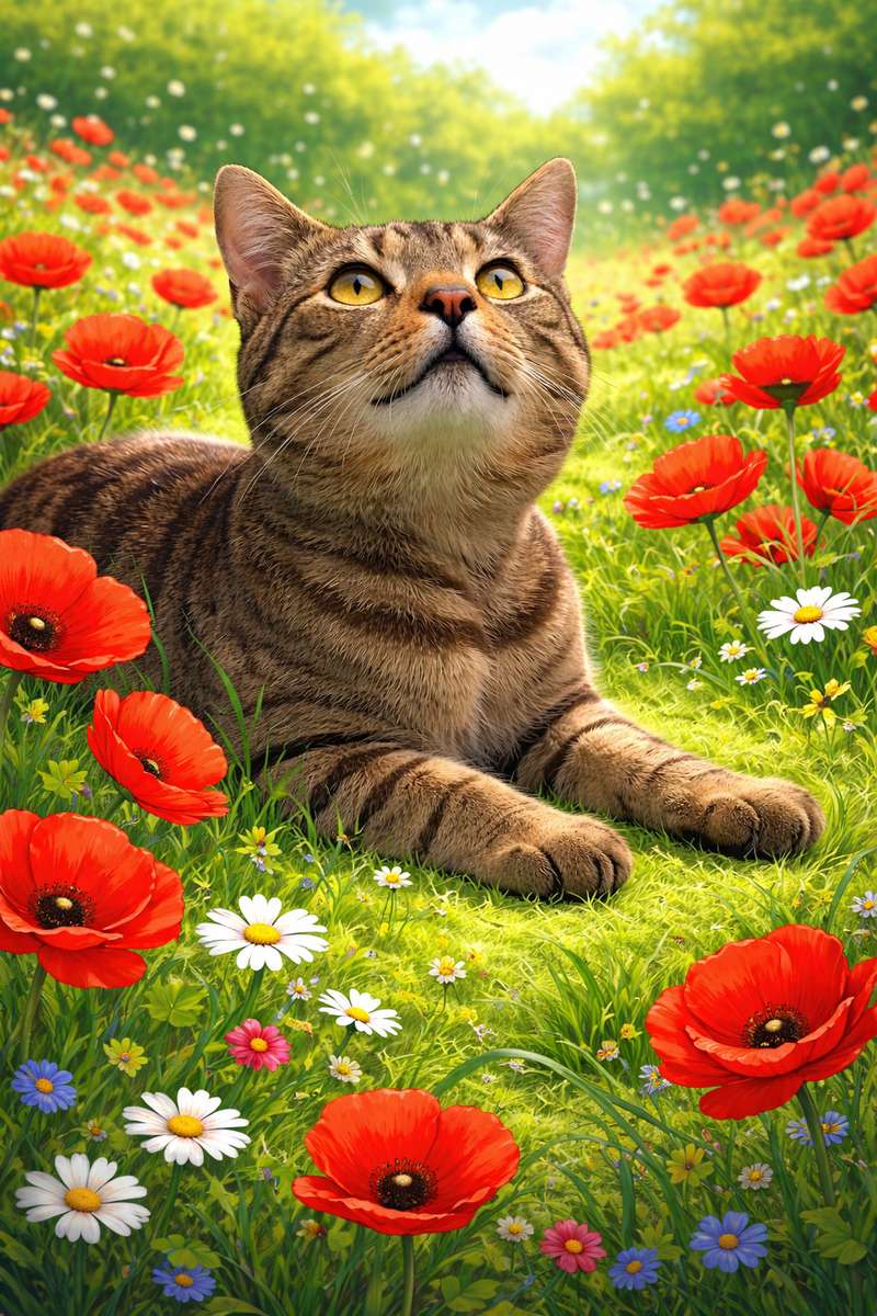 Cat in the Meadow with Poppies - online puzzle