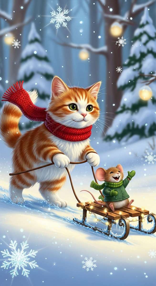 Red cat sleigh and little mouse - online puzzle