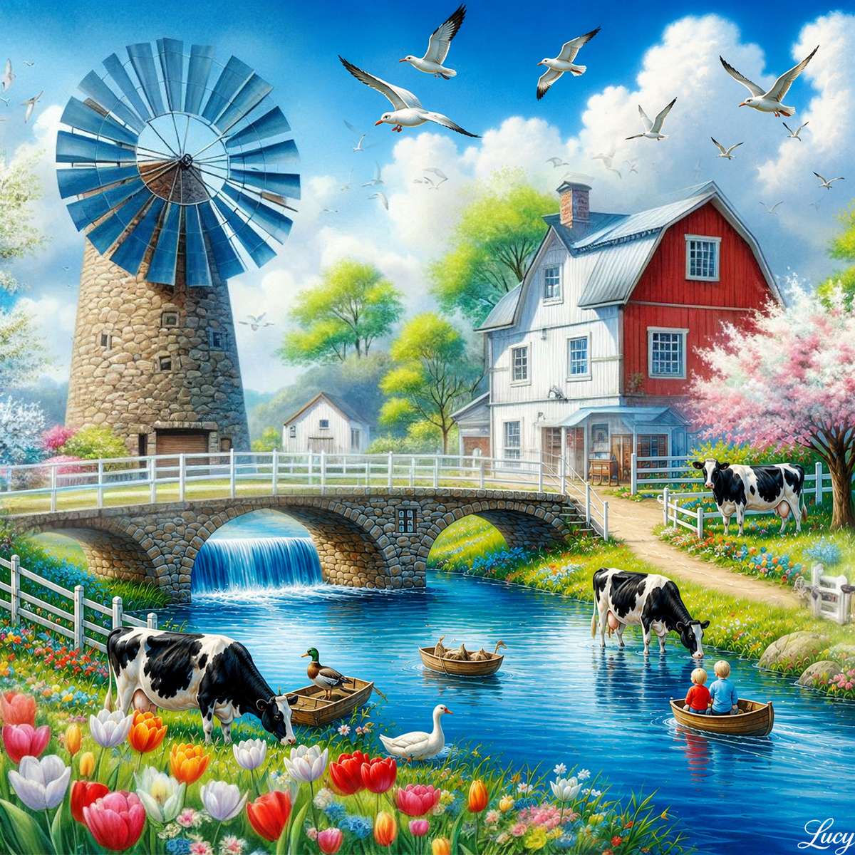 Idylliczne gospodarstwo wiosenne nad rzeką - puzzle online