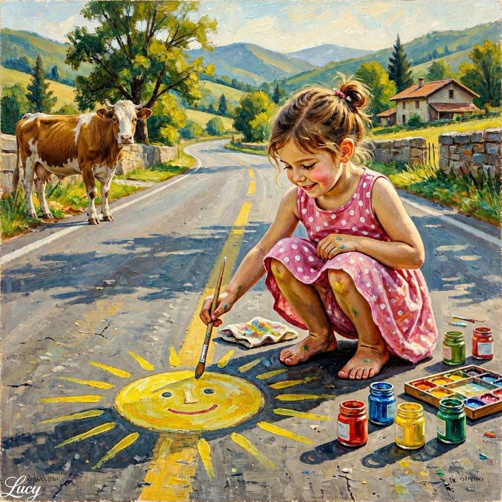 Painting a sun on a country road - online puzzle