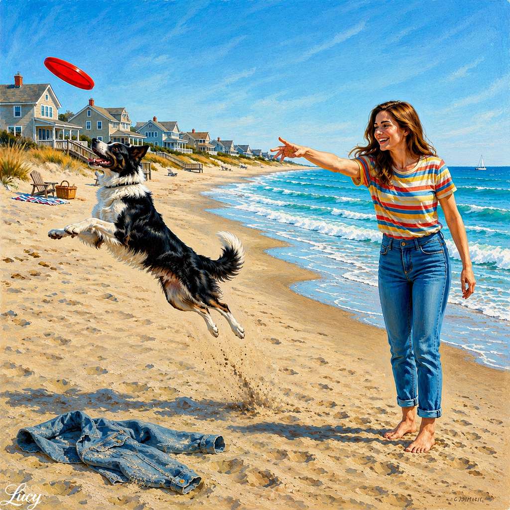 Zabawa na plaży z frisbee i psem - puzzle online