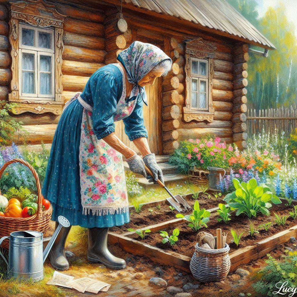 Elderly village woman gardening - online puzzle