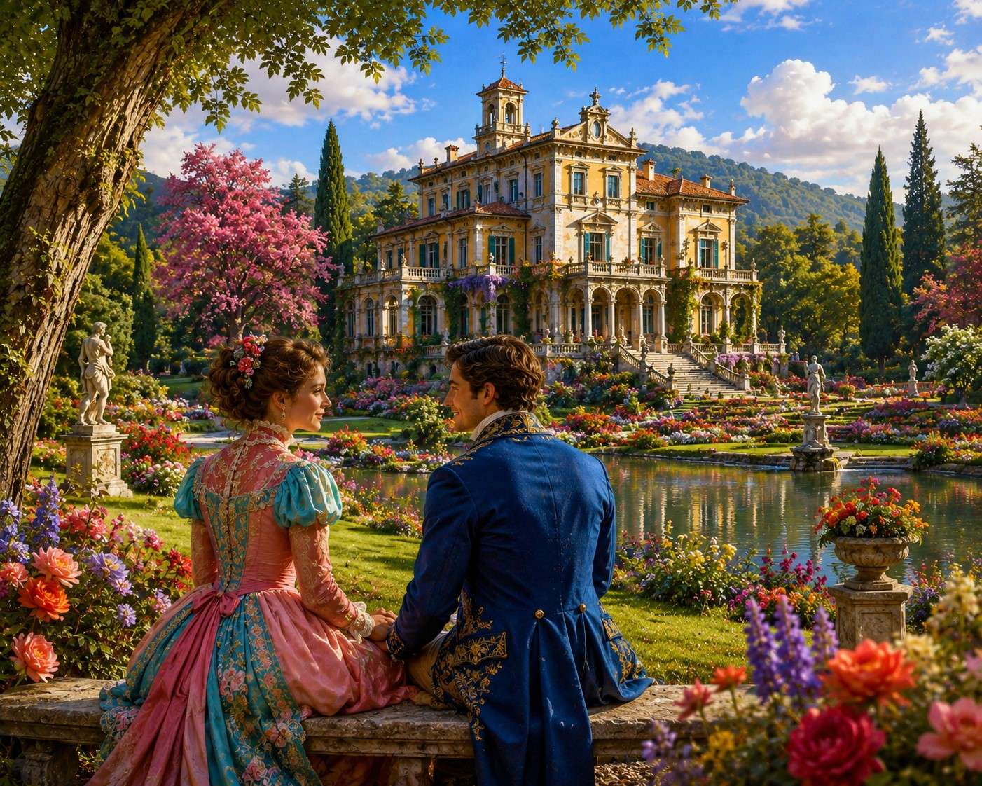 An idyllic castle with two lovers - online puzzle