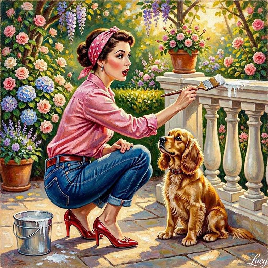 Brunette woman painting a white balustrade - online puzzle
