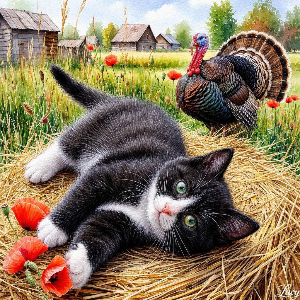 Kitten in a sunny farm meadow - online puzzle