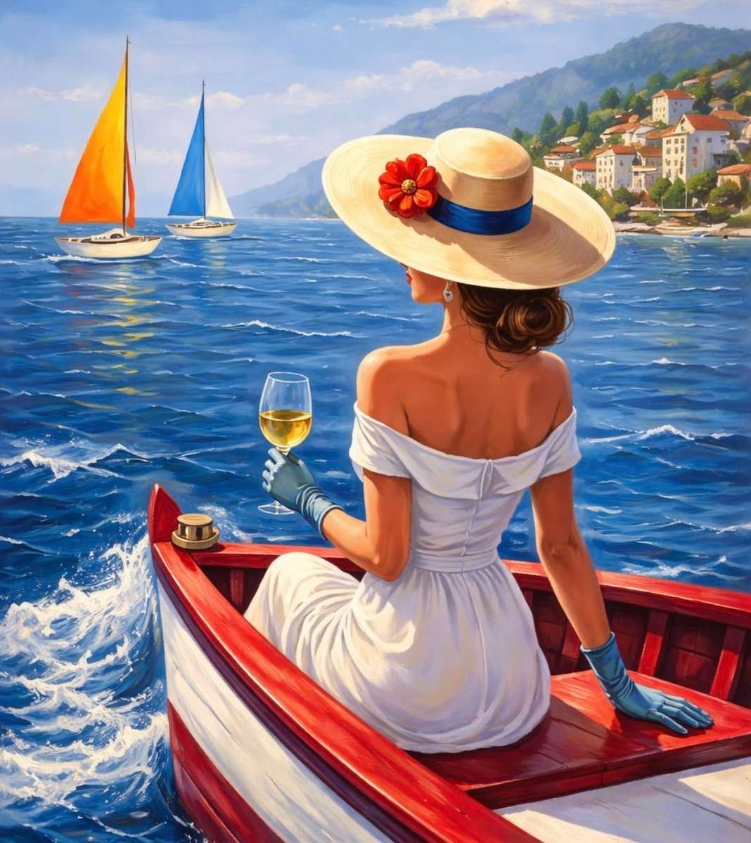 Woman with a glass of wine in a boat - online puzzle