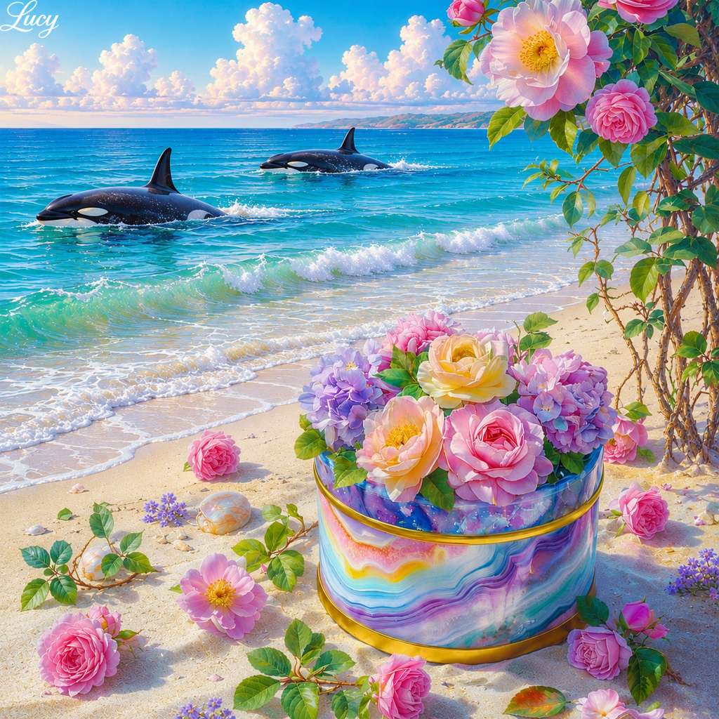 Serene coastal scene with orcas and blooms - online puzzle