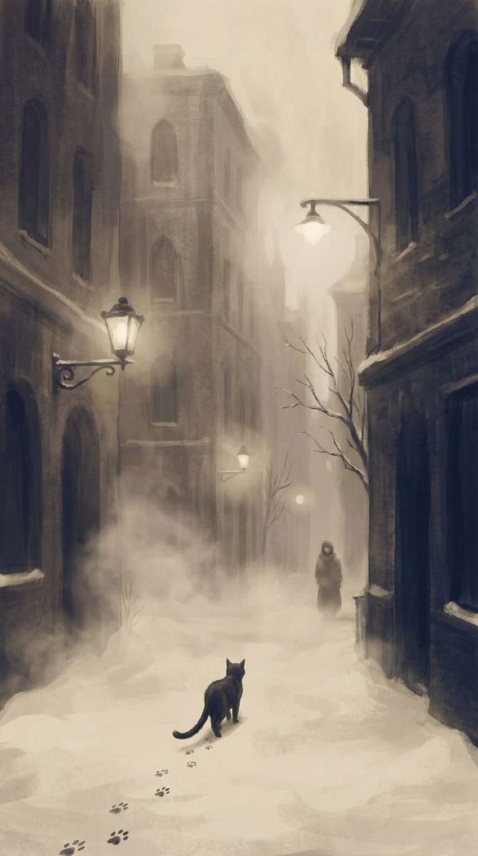 cat on a snowy winters day - online puzzle